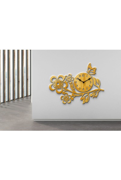 Deccraft Kelebekli Ağaç Duvar Saati Altın Yaldızlı Pleksi