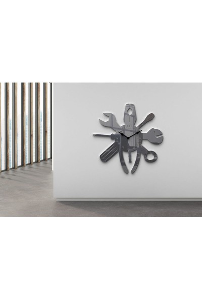 Deccraft Tamir Aletleri Duvar Saati Gümüş Yaldızlı Pleksi