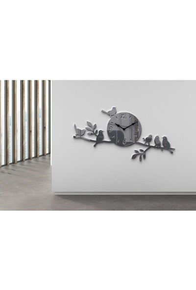 Deccraft Fidan Ağacında Kuşlar Duvar Saati Gümüş Yaldızlı Pleksi