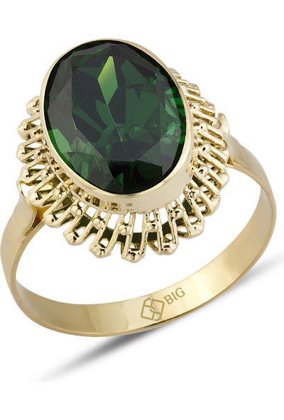 BigGold Altın Güverseli Zümrüt Yeşili Renk Yüzük 8