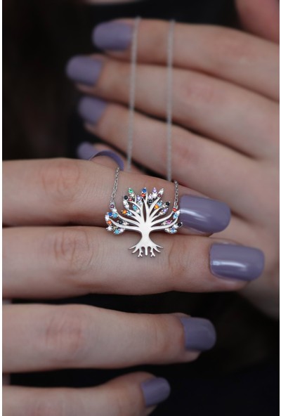 Parmas Design Kadın Hayat Ağacı Mix Taşlı Rodyum Kaplama 925 Ayar Gümüş Kolye