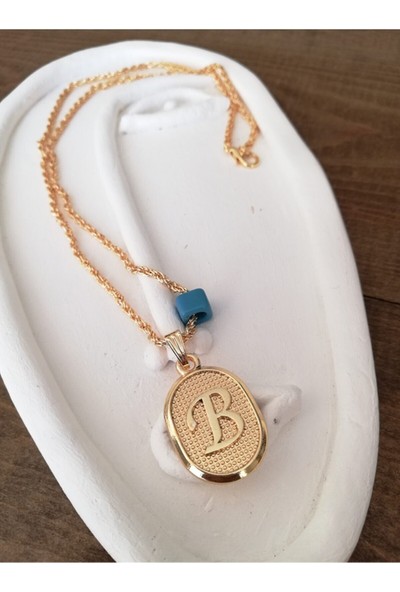 Kuzey Işıkları Kadın Gold Oval Plaka B Harfi Mavi Boncuklu Burgu Kolye