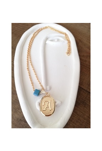 Kuzey Işıkları Gold Oval Plaka A Harfi Mavi Boncuklu Burgu Kolye