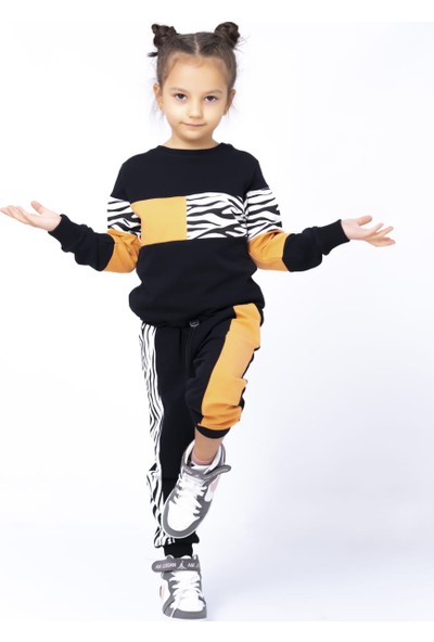 Junior Baby Kız Çocuk Lüx Seri Turuncu Zebra Desenli Fashion Eşofman Takımı