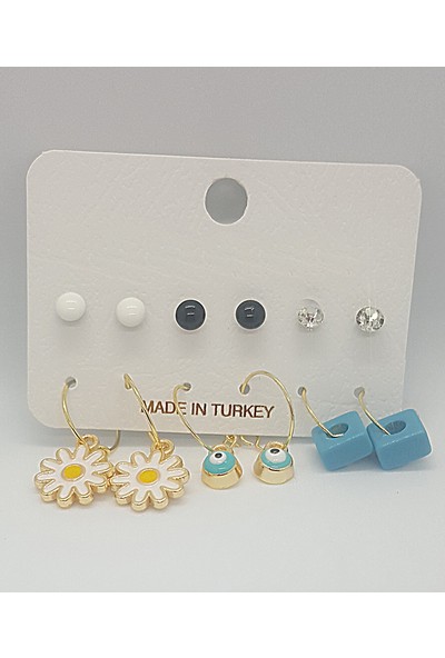 Kardeşler Ticaret Papatyalı Nazar Boncuklu Çoklu Küpe Seti -07