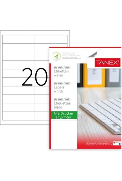 Tanex TW-2020 A4 95 x 26MM 100'LÜ Beyaz Lazer Yazıcı Etiketi Tanex TW-2020 A4 95 x 26MM 100'LÜ Beyaz Lazer Yazıcı Etiketi