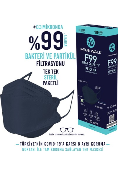 Free Walk Kore Tipi F99-F95 Best Quality KF94 Free Walk Maske Lacivert 1 kutu 10 Adet