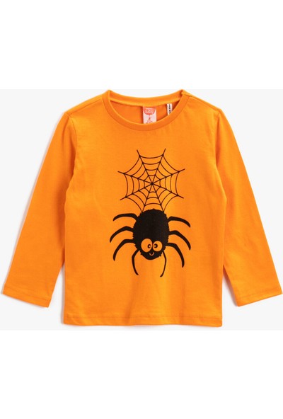 Koton Örümcek Baskılı Tişört Uzun Kollu Bisiklet Yaka Pamuklu