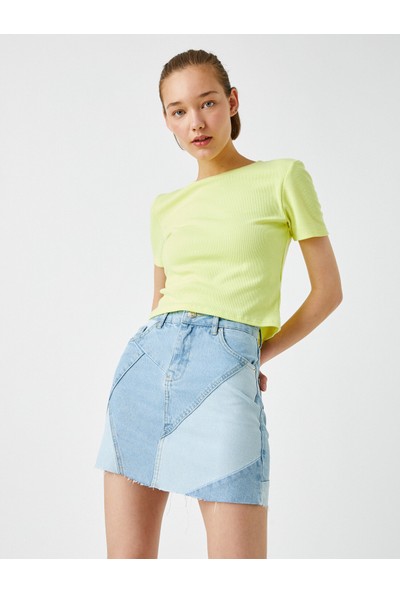 Koton Kadın Renk Bloklu Cepli Mini Kot Etek Koton Kadın Renk Bloklu Cepli Mini Kot Etek