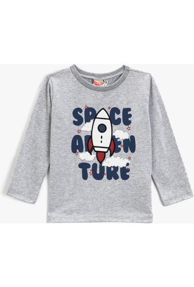Koton Uzay Baskılı Tişört Uzun Kollu Bisiklet Yaka