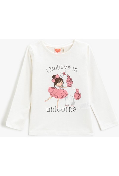 Koton Unicorn Baskılı Tişört Uzun Kollu Bisiklet Yaka Pamuklu