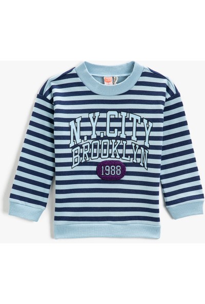 Koton Erkek Bebek Çizgili Baskılı Sweatshirt Bisiklet Yaka Pamuklu