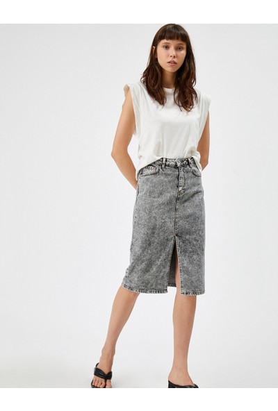 Koton Kadın Yırtmaçlı Midi Kot Etek