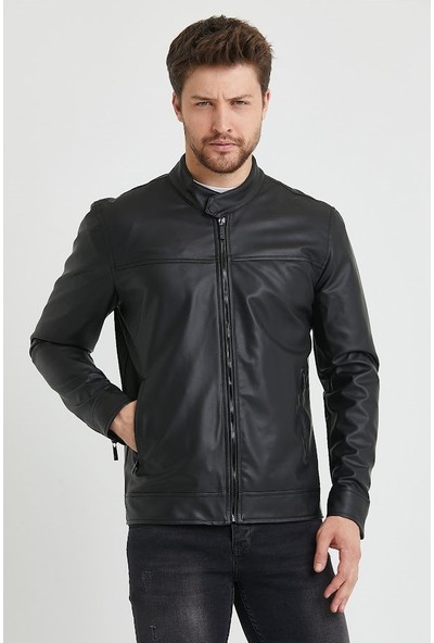 Gavazzi Erkek Siyah Deri Su ve Rüzgar Geçirmez Deri Mont