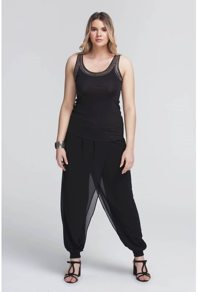 Zer Otantik Anvelop Şifon Katlı Büyük Beden Şalvar Pantolon Siyah