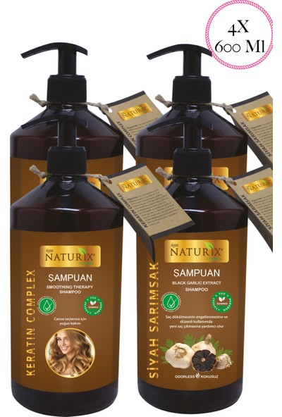 Naturix 2 Adet Kokusuz Siyah Sarımsak Şampuanı 600 ml + 2 Adet Tuzsuz Keratin Şampuanı 600 ml 4 x 600 ml Naturix 2 Adet Kokusuz Siyah Sarımsak Şampuanı 600 ml + 2 Adet Tuzsuz Keratin Şampuanı 600 ml 4 x 600 ml