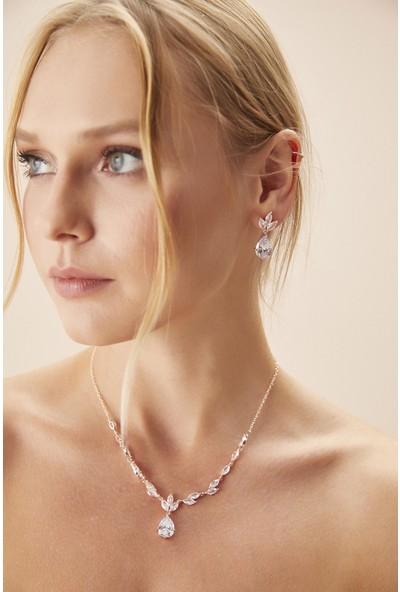 Oleg Cassini Rose Gold Kristal Taşlı Abiye Kolye ve Küpe Seti