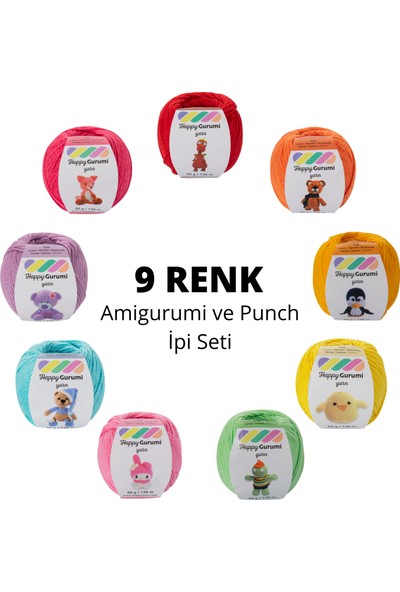 Happy Gurumi 9'lu Renk Amigurumi ve Punch Örgü Ipi Seti