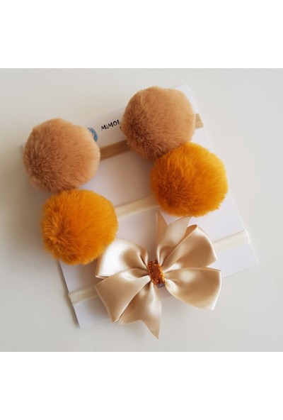 Mimol Bebek Ponponlu Fiyonklu Kız Bebek Çocuk 3'lü Saç Bandı Bandanası