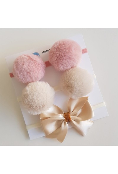 Mimol Bebek Ponponlu Fiyonklu Kız Bebek Çocuk 3'lü Saç Bandı Bandanası