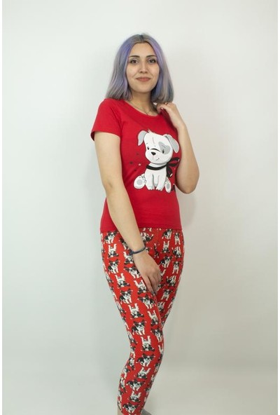 Emirzade Kadın Baskılı Taytlı Pijama Takımı Kırmızı Emirzade Kadın Baskılı Taytlı Pijama Takımı Kırmızı