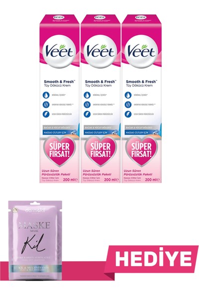 Veet Tüy Dökücü Krem Bacak & Vücut Bölgesi Hassas Ciltler 200 ml Süper Fırsat X 3 +Dermokil Leke Karşıtı Aydınlatıcı Maske