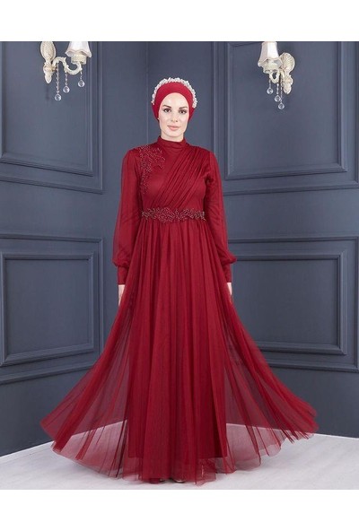 Moda Echer Tesettür Abiye Elbise Tül Kumaş Dantel Aksesuarlı 7652