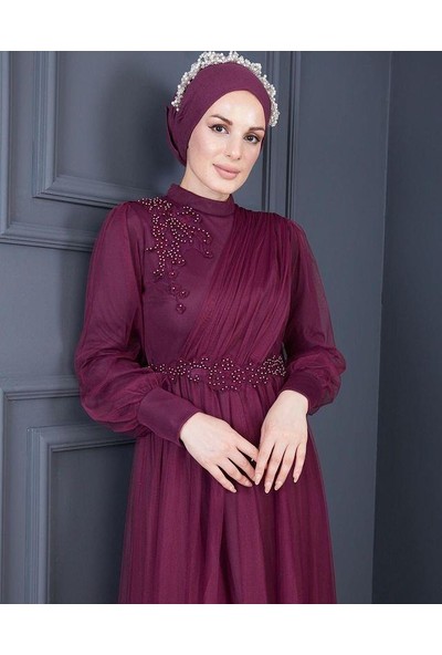 Moda Echer Tesettür Abiye Elbise Tül Kumaş Dantel Aksesuarlı 7652