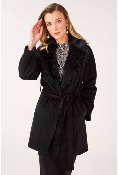 Ekol Kadın Yakası Kürklü Yün Kaban 6057181 Siyah