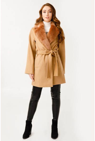 Ekol Kadın Yakası Kürklü Yün Kaban 6057181 Camel