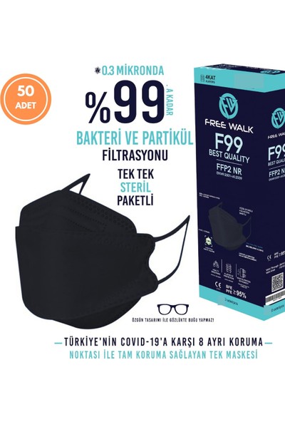 Free Walk F99 Best Quality FFP2 Free Walk Maske 50 Adet Siyah 10'lu x 5 Free Walk F99 Best Quality FFP2 Free Walk Maske 50 Adet Siyah 10'lu x 5