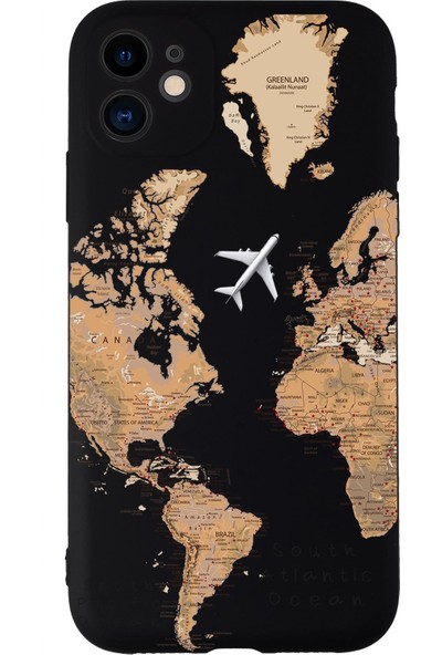 iPhone 11 Uyumlu Dünya Harita Desenli Kamera Korumalı Lansman Kılıf Premium Silikonlu Siyah