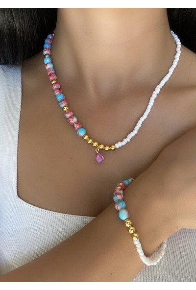 Noble Elina Doğal Boncuk Taşlı Kolye ve Bileklik Takım Noble Elina Doğal Boncuk Taşlı Kolye ve Bileklik Takım