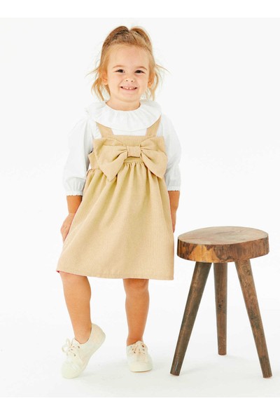 Little Honey Bunnies Ince Fitilli Fiyonklu Bej Elbise