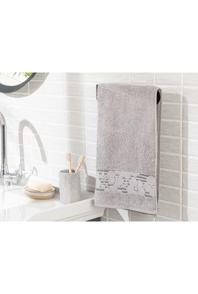 English Home Gardenya Bordürlü Pamuklu Yüz Havlusu 50 x 76 cm Gri