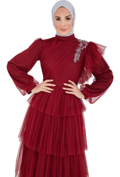 Moda Echer Güpürlü Kat Kat Etekli Tül Tesettür Abiye Elbise 7666