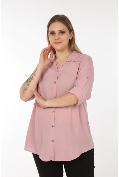 My Life Big Size Toz Pembe Kadın Büyük Beden Gömlek