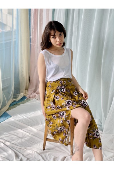 Retrobird Yırtmaçlı Yüksek Bel Etek Kadın Hardal
