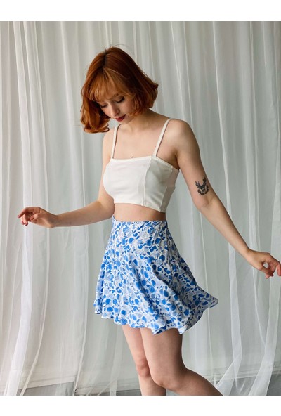Retrobird Meyve Desenli Mini Şort Etek Kadın Mavi