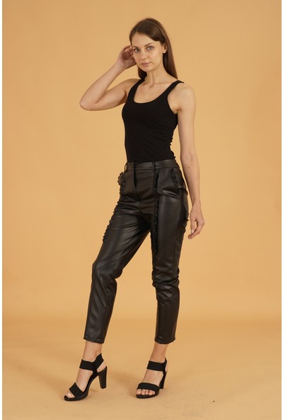 MissVina K-3933 Y Fırfır Detaylı Deri Kalem Pantolon