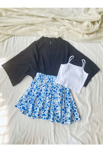 Retrobird 3 Lü Şort Etek-Kimono Set Kadın Çok Renkli