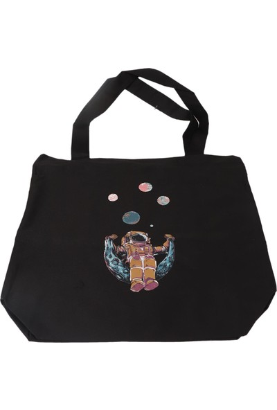 Attach Ay Üstünde Oturan Astronot Tasarım Large Omuz Çantası Siyah