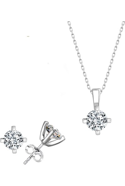 Swarovski Taşlı Tektaş Küpe Kolye Ikili Kadın Set