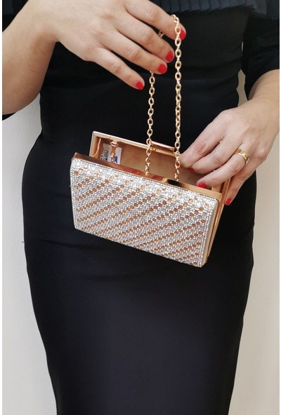 Nazart Kadın Çapraztaşlı Altın Gold Siyah Abiye Clutch Portföy Kadın Gece Çantası