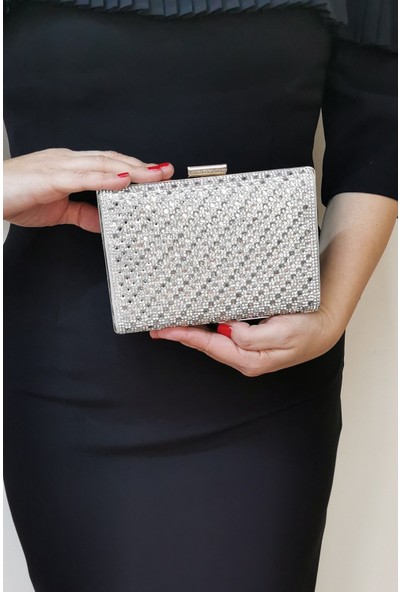 Nazart Kadın Çapraztaşlı Gümüş Abiye Clutch Portföy Kadın Gece Çantası