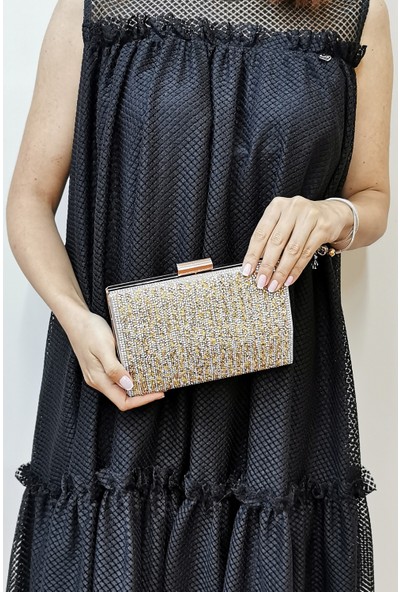 Nazart Kadın Cizgili Taşlı Altın Abiye Clutch Portföy Kadın Gece Çantası