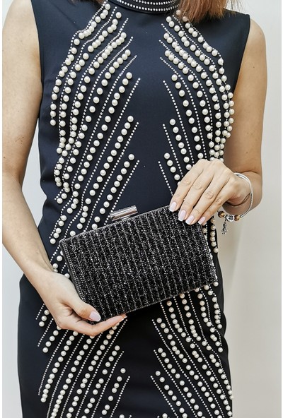 Nazart Kadın Cizgili Taşlı Siyah Abiye Clutch Portföy Kadın Gece Çantası
