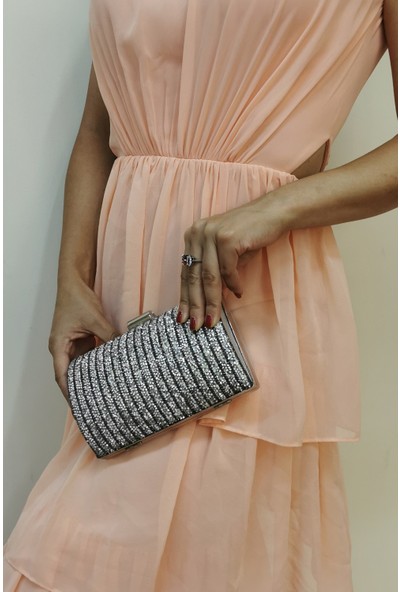 Nazart Kadın Taşlı Gümüş Abiye Clutch Portföy Kadın Gece Çantası