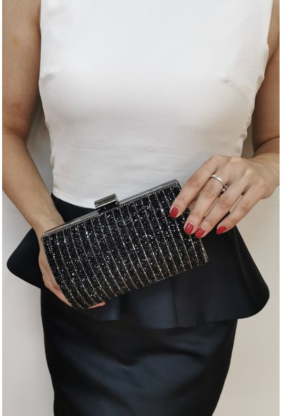 Nazart Kadın Taşlı Siyah Abiye Clutch Portföy Kadın Gece Çantası