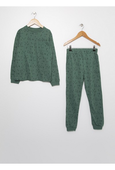 Limon Haki Bisiklet Yaka Erkek Çocuk Desenli Pijama Takımı